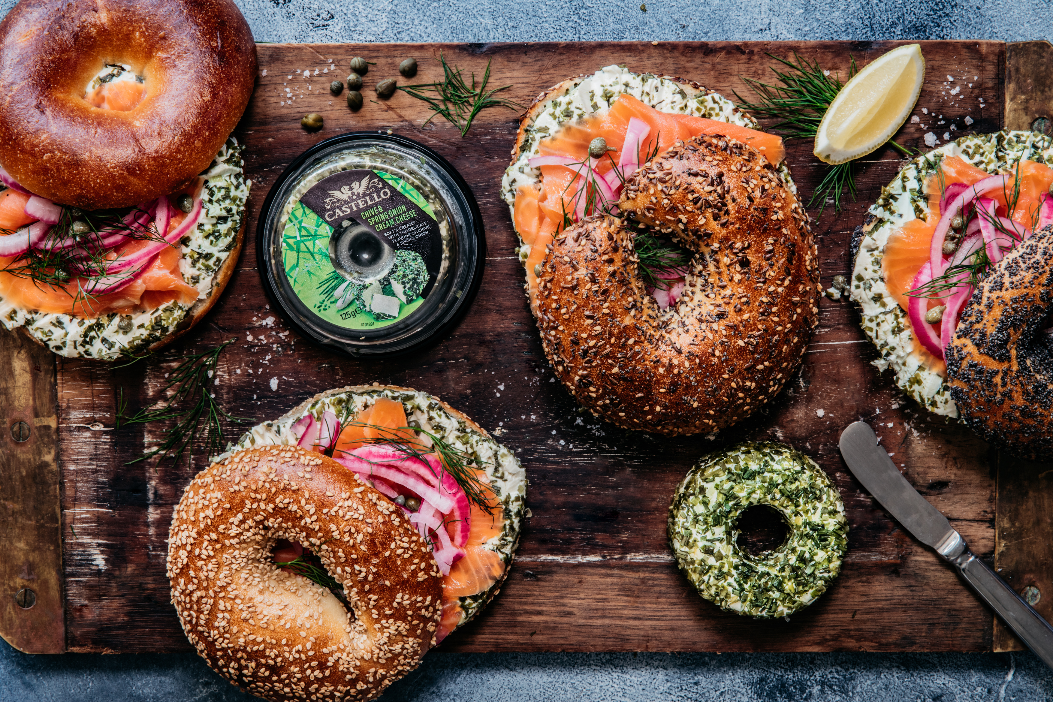 Bagel with Smoked Salmon & Castello Chive and Spring Onion Cream Cheese ...