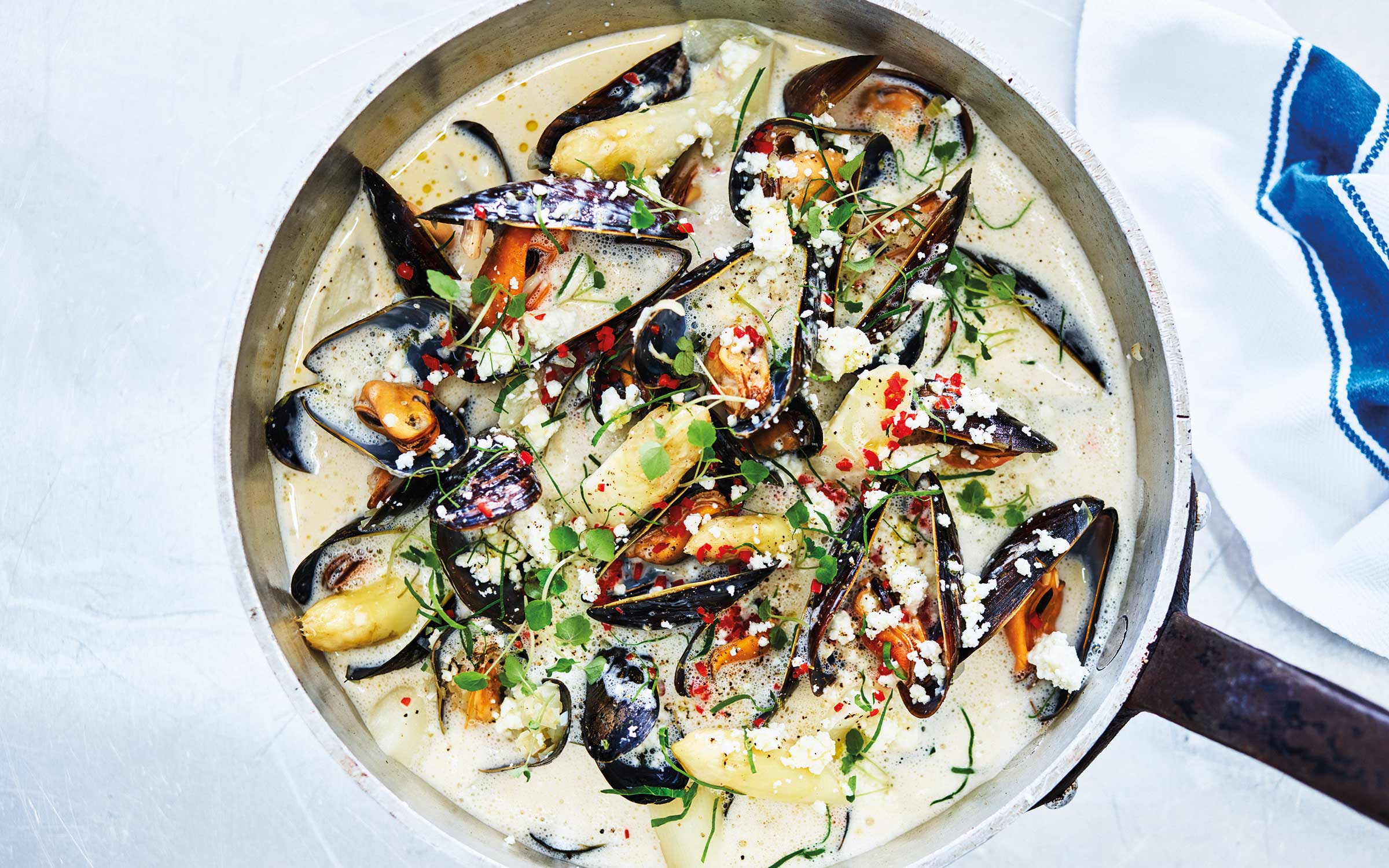 Blåmusslor med musselsås, salladsost och chili - Recept för ...